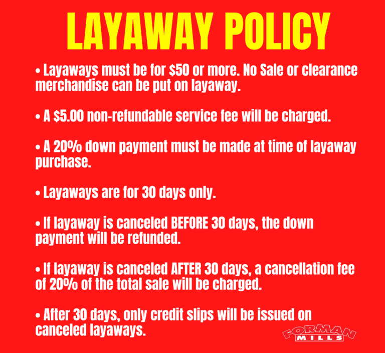 Layaway & Return Policy - Forman Mills